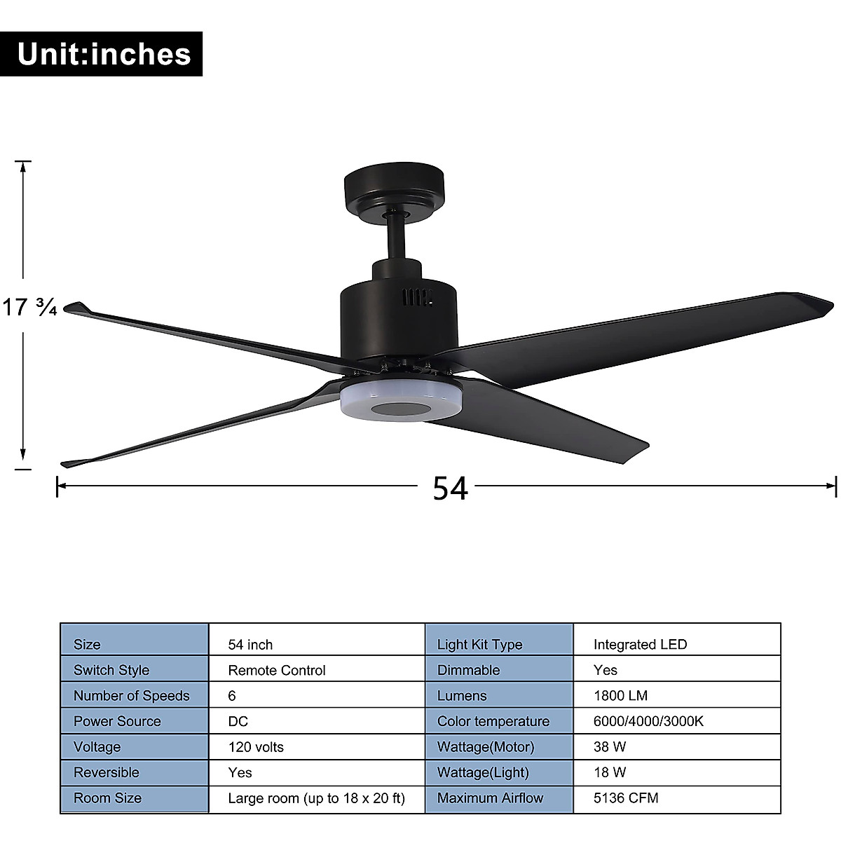 FINXIN Indoor Ceiling Fan Light Fixtures Black Remote LED 54 Ceiling Fans For Bedroom,Living Room,Dining Room Including DC Motor,4-Blades,Remote Switch