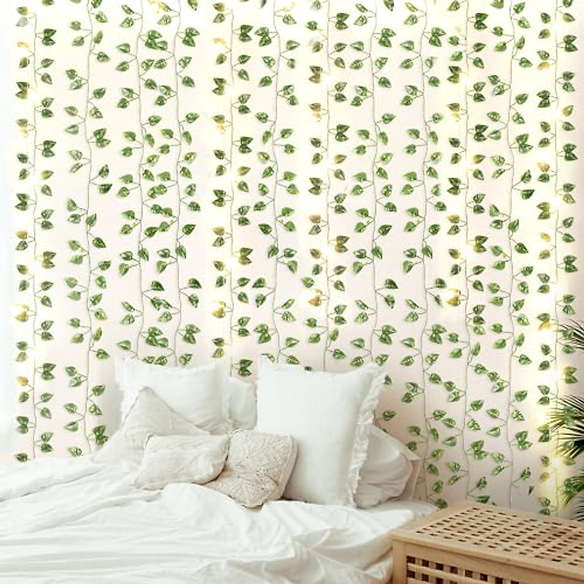 JACKYLED 80Ft 12 Pack Artificial Devil's Ivy Garland with 80 LED String Light, Fake Pothos Plant Vines,Houseplants, Hanging Plant Vines for Bedroom Garden Party Wall Decor