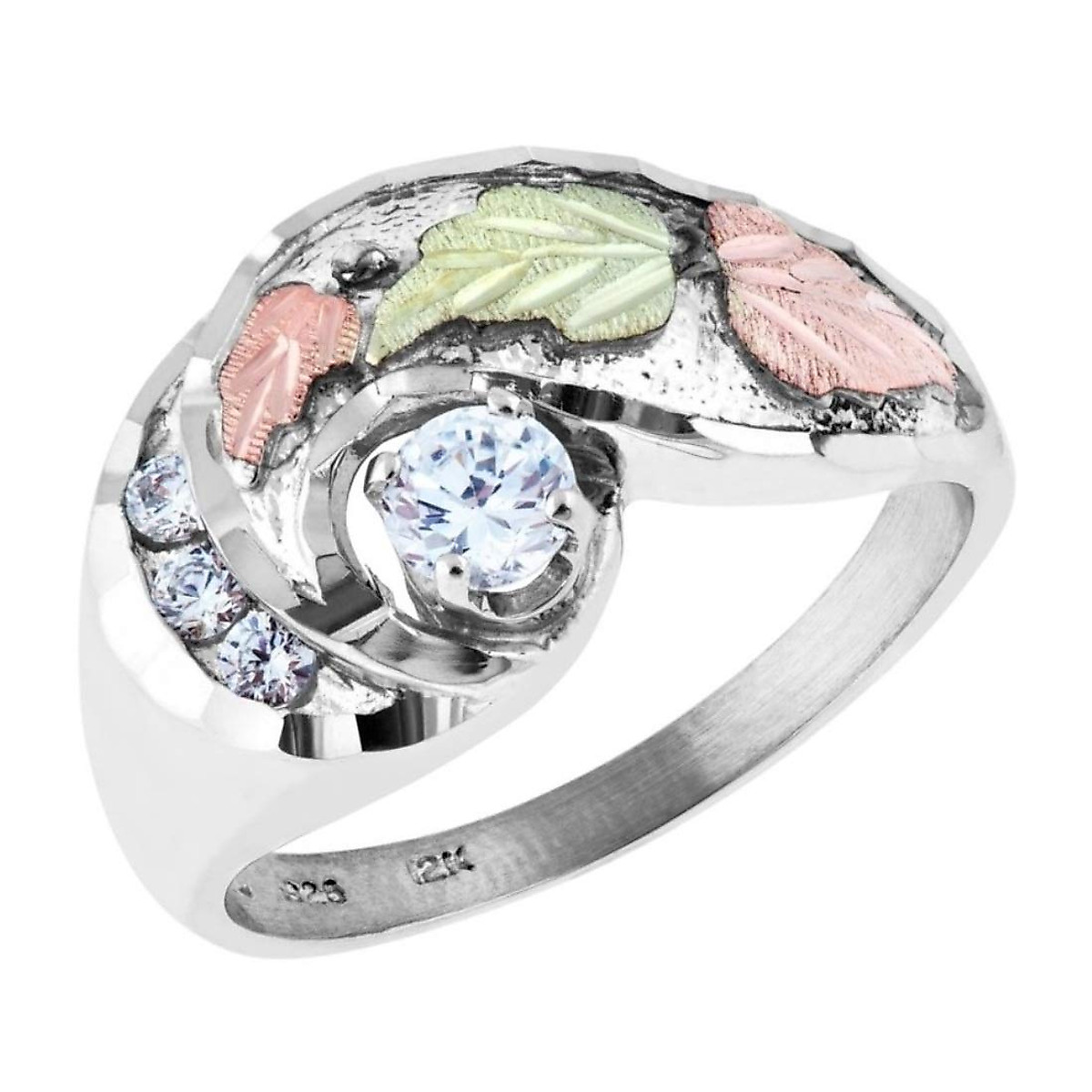 4-Stone CZ Wedding Engagement Ring Set, Sterling Silver, 12k Green and Rose Black Hills Gold Size 8