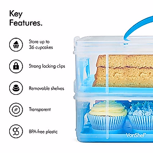 VonShef Snap and Stack Blue 3 Tier Cupcake Holder & Cake Carrier Container - Store up to 36 Cupcakes or 3 Large Cakes
