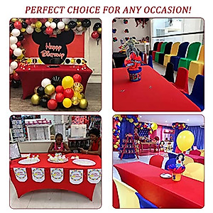 6FT Spandex Table Cover Table Cloth for Folding Tables Fitted Rectangular Tablecover Washable Wrinkle Resistant Polyester Stretch Red Tablecloth Protector for Wedding Banquet Party (4 Pack, Red)