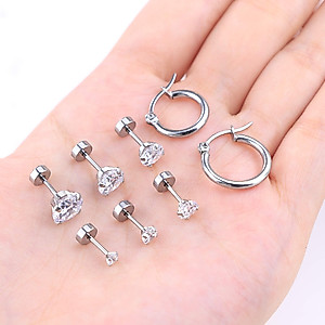 LOYALLOOK 11Pairs Stainless Steel Ear Stud Piercing Hoop Earrings Set Cute Huggie Earrings Cubic Zirconia Cartilage Barbell Stud Earring Screw Flat Back Earrings