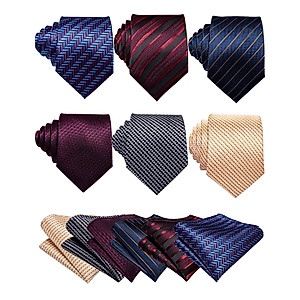 Barry.Wang Mens Stripe Plaid Tie Set with Pocket Square Cufflink Tie Clip Necktie Business Wedding 6PC