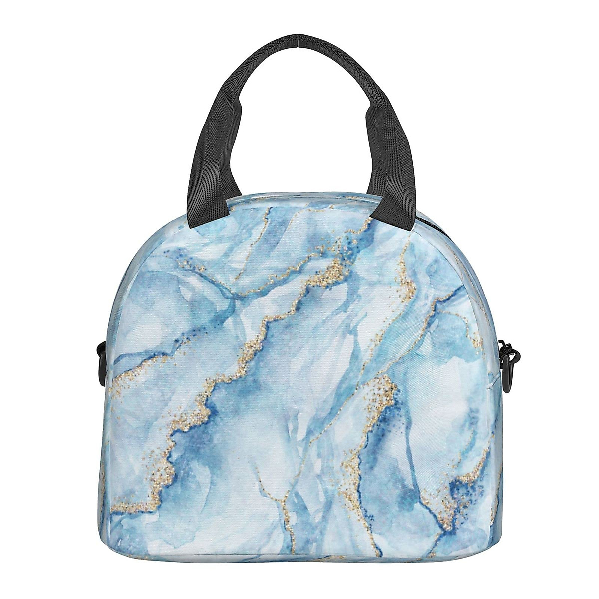 Blue Marble With Gold Glitter Marbling Texture Lunch Bag Reusable Insulated Lunch Tote Bag Lunchbox Container With Adjustable Shoulder Strap For Office Work School Picnic Travel