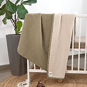 Lulu moon Muslin Baby Blanket - Cotton Quilt Blankets for Toddlers - Reversible Nursery Crib Blanket for Baby Boys and Girls 47"x47"(Olive)