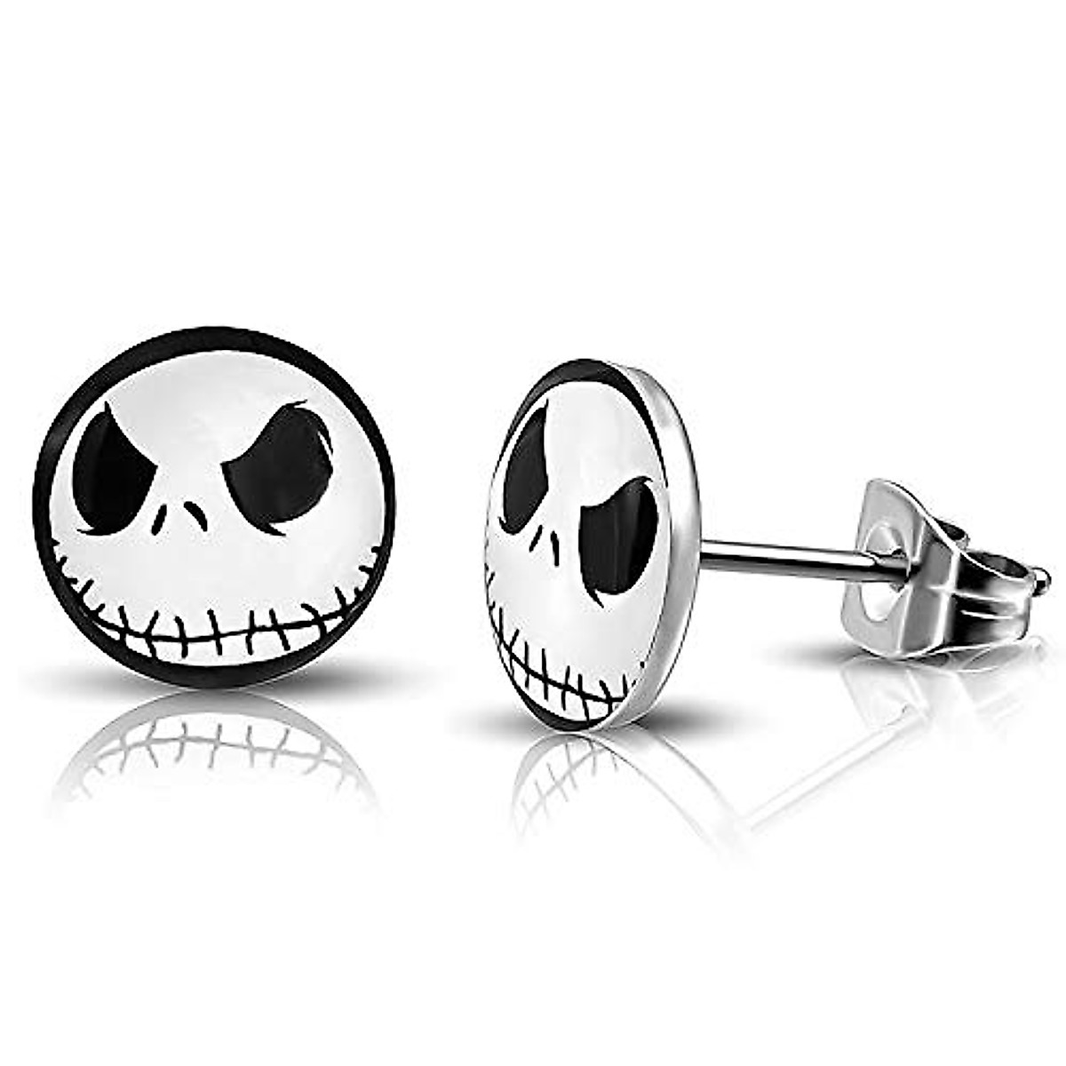 HENGYID 316L Surgical Stainless Steel Jack Skellington Round Circle Button Stud Post Earrings(10 MM) (Silver)