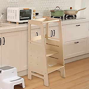 Height Adjustable Kitchen Step Stool for Kids and Toddlers with Safety Rail Children Learning Standing Tower for Kitchen Counter and Bathroom Sink Helper, Solid Wood