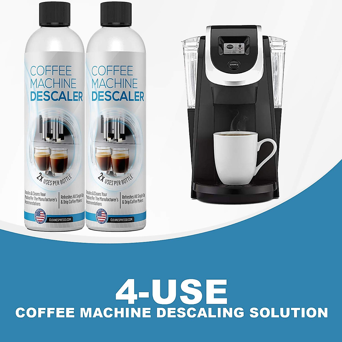 Descaling Solution for Coffee & Espresso Machines - 2 Bottle Pack (4 Uses) - Universally Compatible Descaler Cleaner for Keurig, Breville, Nespresso, Delonghi & All Single Use or Drip Machines