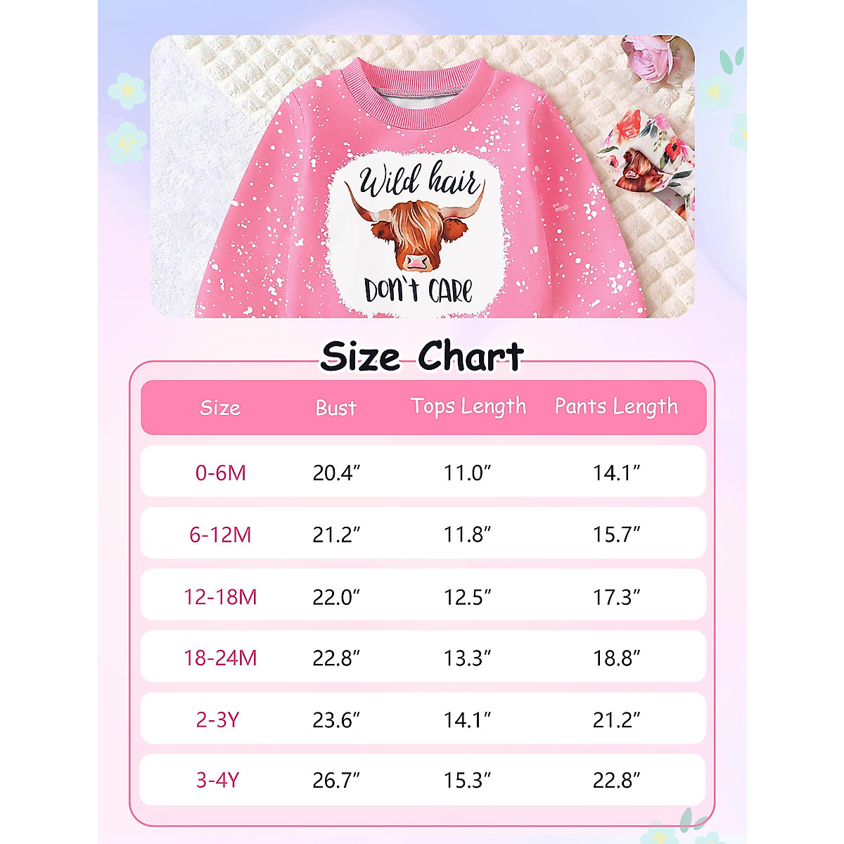 ADIFUN Baby Girl Clothes 18-24 Months Girl Clothing Fall Winter Outfits Wild Hair Don't Care Highland Cow Pink Sweatshirt Flower Pants Western Cowgirl Outfit