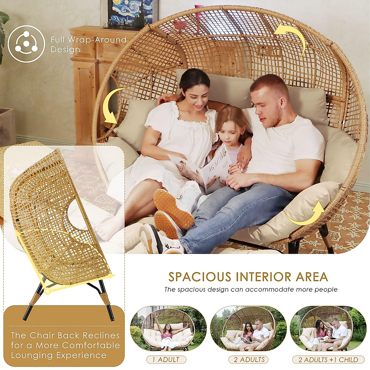 NICESOUL® Double Egg Chair Indoor Outdoor Stationary Oversized Thicken Padded Cushions,2 Person Egg Loveseat Chair,680 lbs Extra Large Lounge Chair for Patio Balcony Porch Backyard Beige