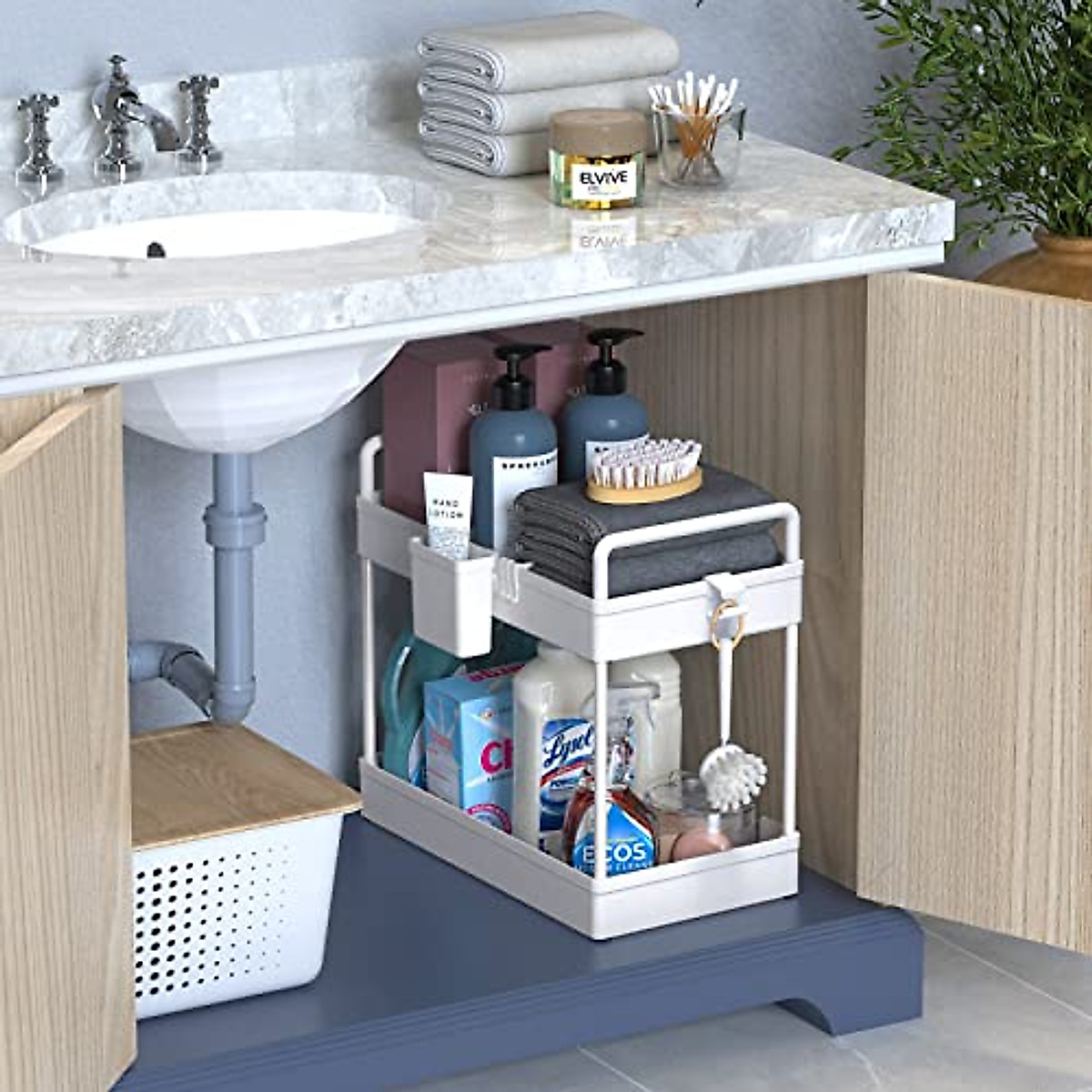 SOLEJAZZ Under Sink Organizers and Storage Multi-Purpose, 2 Tier Under Bathroom Cabinet Storage with Dividers, Hooks, Cup for Bathroom, Kitchen, White