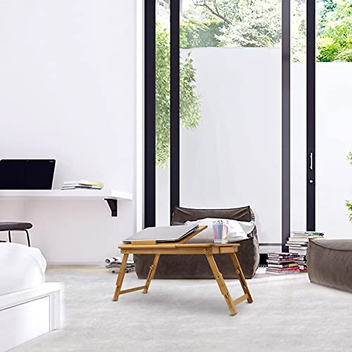 Bamboo Laptop Desk, Adjustable Portable Breakfast Serving Bed Tray with Tilting Top Drawer for Surfing Reading Writing Eating (Bamboo)