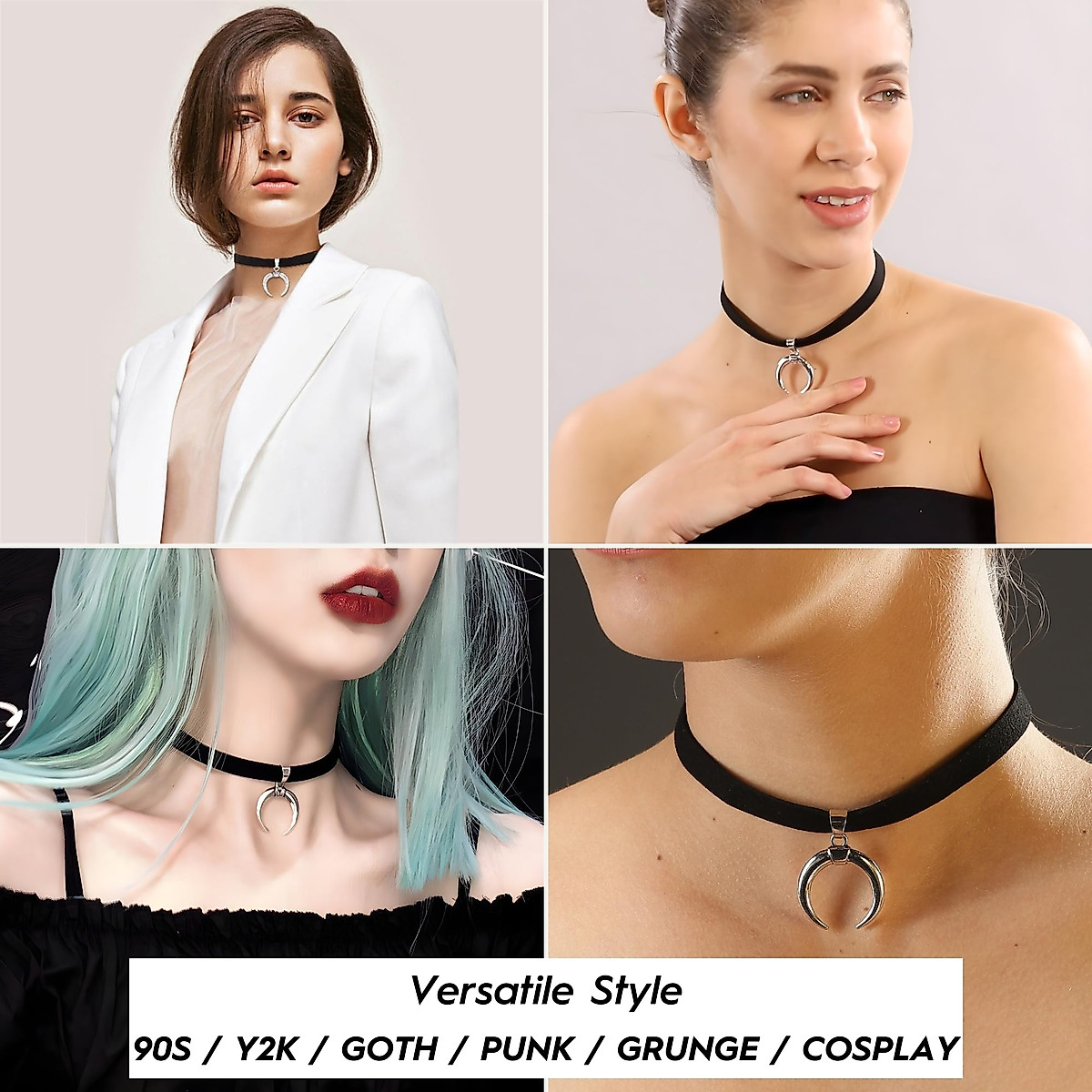 STACKABLE CREATIONS Black Suede Leather Choker Necklace with Silver Crescent Moon Pendant for Women Men