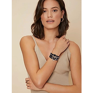 Dcfywl731 Multilayer Wrap Leather Bracelet Heart Modern Boho Bracelet Clasp Cuff Rhinestone Leather Bracelets for Women (Black)