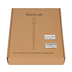 StonyLab Glass Dropper Pipettes, Thick Borosilicate Glass Dropping Pipettes 3ml Non-Graduated Liquid Transfer Pipettes with Red Rubber Caps for Laboratory Chemistry, Set of 10