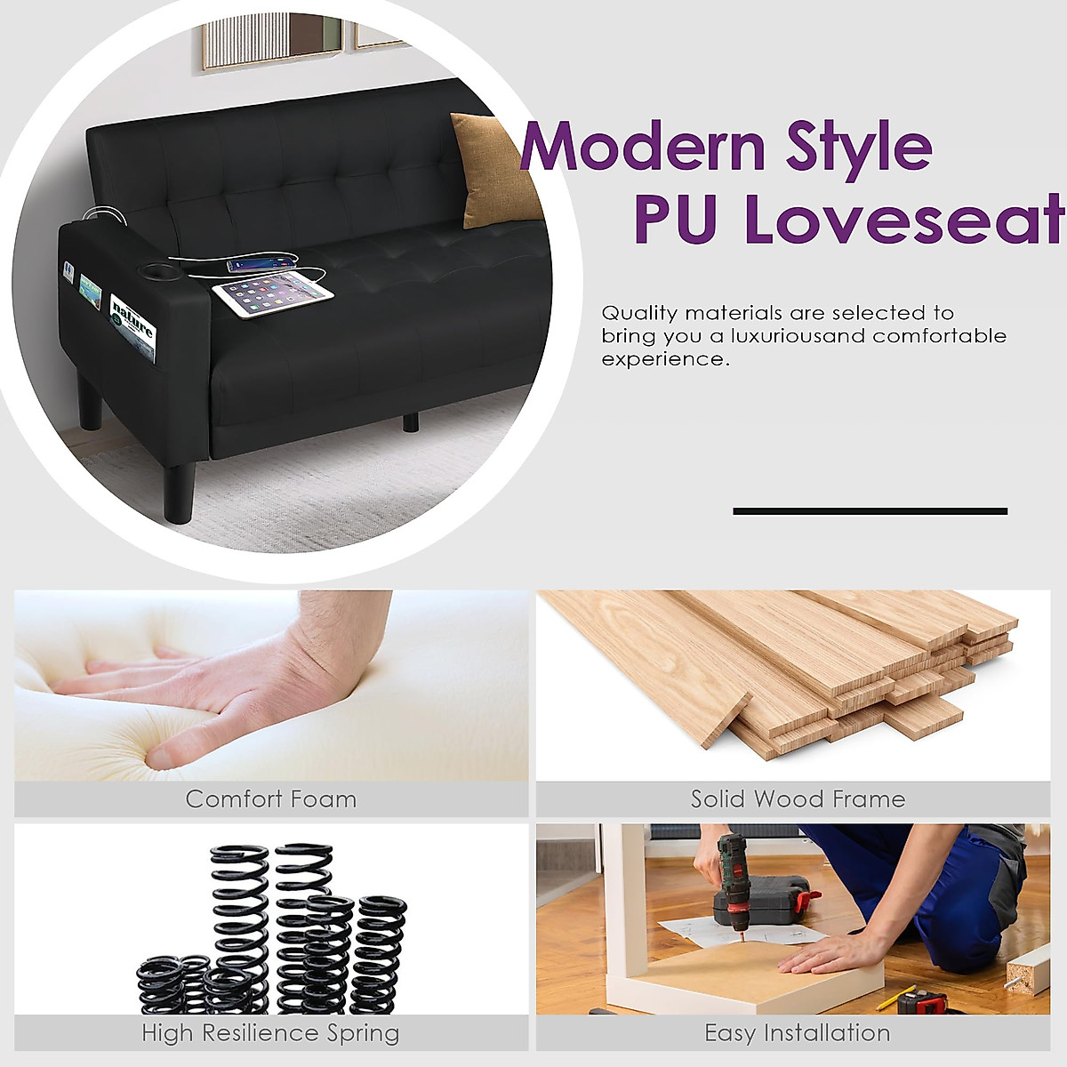 TYBOATLE Sofa Couch 62" W Loveseat w/ 2 USB Charger Ports & 2 Cupholders, Mid-Century Modern Tufted Black Faux Leather Small Love Seat Couches for Office,Compact Living Room,Bedroom,Apartment,Dorm