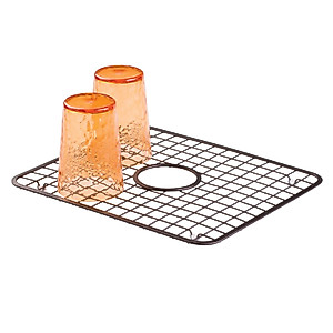 mDesign Modern Kitchen Sink Metal Dish Drying Rack/Mat with Center Drain Hole - Steel Wire Grid Design - Allows Wine Glasses, Mugs, Bowls and Dishes to Drain in Sink - 2 Pack - Bronze