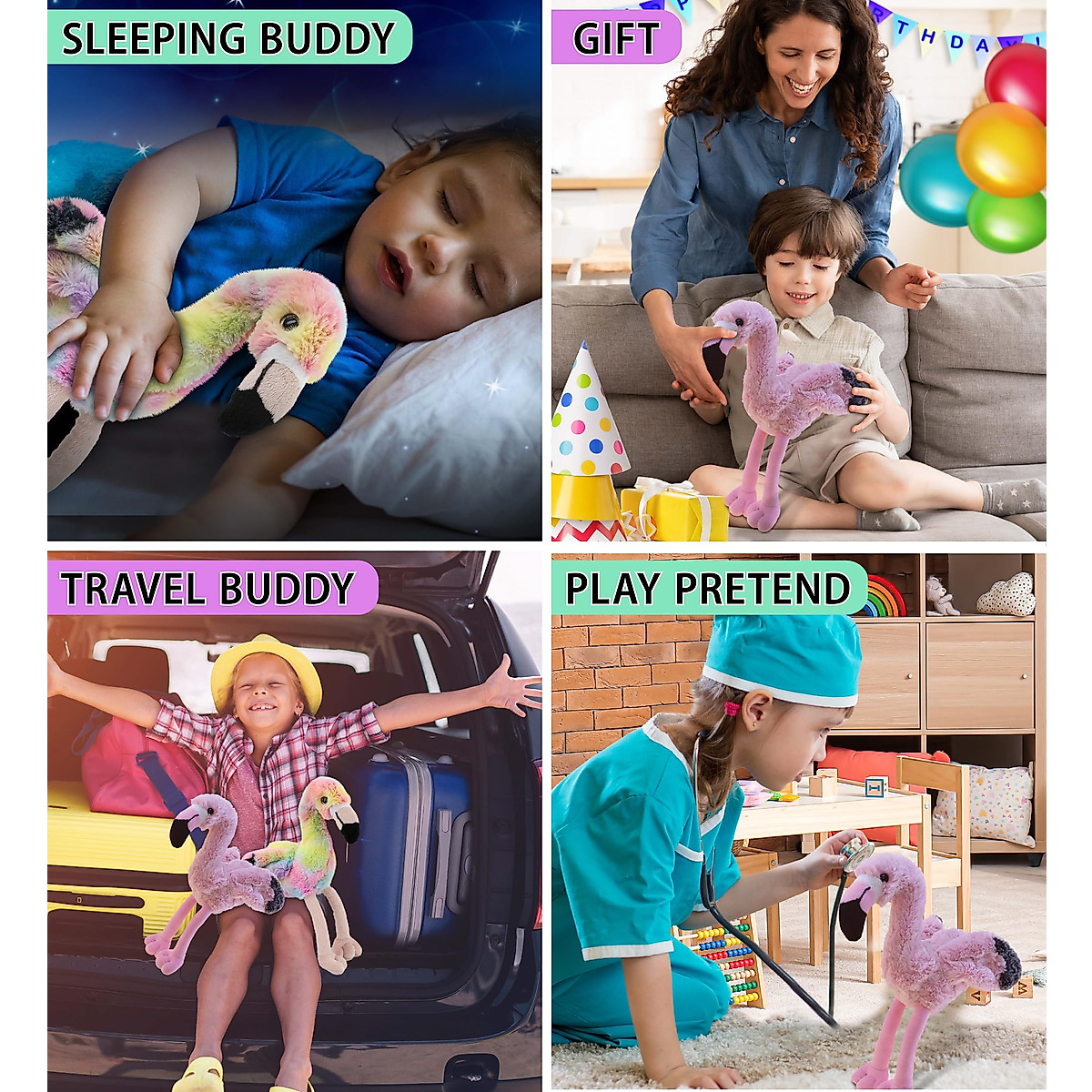 DolliBu Plush Flamingo Stuffed Toys - Super Soft Huggable Flamingo Plush Kit, Adorable Tropical Bird Plush Toys, Cute Flamingo Cuddle Gifts for Kids and Adults - 2 Pack