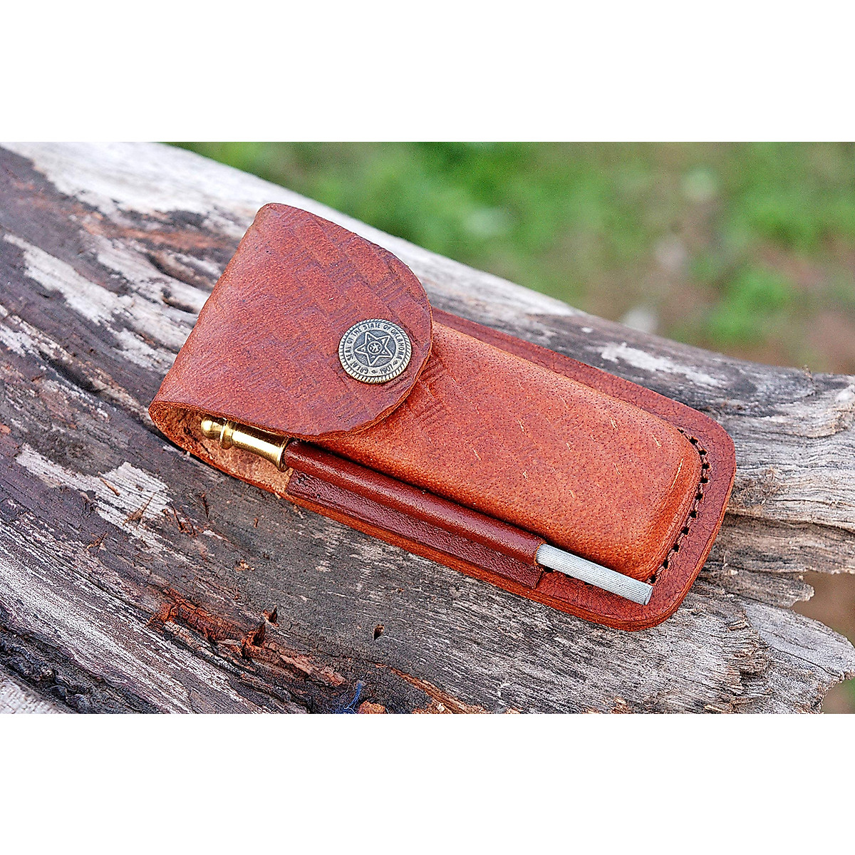 Handmade Damascus Steel Pocket Knife & Knife Sharpener - Damascus Folding Knife - Pocket Knife for Men, EDC Knife & Hunting Knife with Back Lock & Beautiful Pakka Wood Handle with Leather Knife Sheath