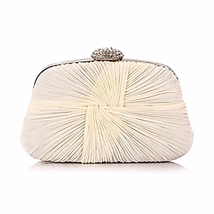 Womens Clutch Bag,Pleated Satin Handbag Lady Pleated Bow Purse Bag with Chain for Prom Wedding Evening Party (Off white)