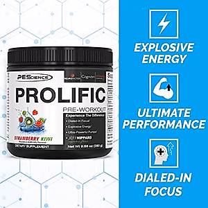 PEScience Prolific Pre Workout Powder, Strawberry Kiwi, 40 Scoop, Energy Supplement with Nitric Oxide