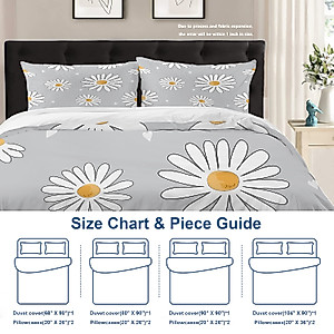 Batmerry Spring Floarl Full Size 3 Pieces Bedding Comforter Cover Sets,Soft Fluffy Cute White Flowers On Grey Pattern Printed Duvet Cover for All Season