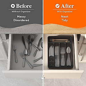 Lifewit Silverware Organizer with Lid, Covered Utensil Tray for Kitchen Drawer and Countertop, Plastic Cutlery and Flatware Storage Box for Spoons Forks Knives Holder Case, 5 Compartments, Black