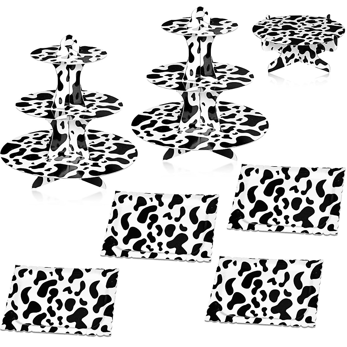 7 Pieces Cow Print Cupcake Stand Set Cow Print Party Supplies 3-Tier Cardboard Cupcake Stand Round Dessert Cake Stand Cow Cupcake Holders Rectangle Serving Tray Cow Party Decorations