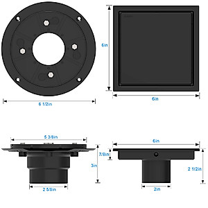 WEBANG 6 Inch Shower Square Drain Black Floor Drain with Flange Reversible 2-in-1 Cover Tile Insert Grate Removable SUS304 Stainless Steel CUPC Certified Matte Black
