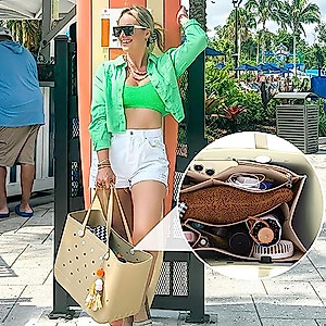 AIERSA Rubber Beach Bag Organizer Compatible with Bogg Bag/Simply Southern Tote, Felt Insert Divider Pouch with Zipper for Bogg Bags Accessories, with 7 Pocekets, Only for Original X Large Size -Beige