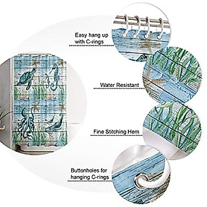 4 Pcs Shower Curtain Set with 12 Hooks Sea Turtle Octopus Whale Wood Grain Bathroom Sets with Non-Slip Bath Mat Toilet Lid Cover Waterproof Durable Shower Curtain and Rugs