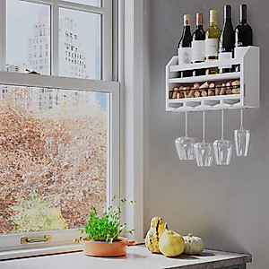 Wallniture Blanc Wine Rack Wall Mounted, Wall Wine Bottle Holder with Wine Glass Rack, Wall Mount Wine Holder with Wine Cork Holder, Rustic Wall Wine Rack for Wine Bottles, Burnt White, Wood