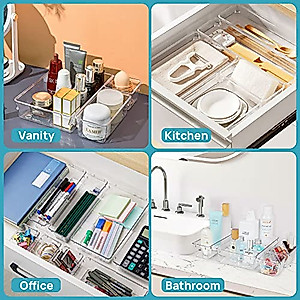 Vtopmart 15 PCS Clear Plastic Drawer Organizers Set, 4-Size Versatile Bathroom and Vanity Drawer Organizer Trays, Storage Bins for Makeup, Bedroom, Kitchen Gadgets Utensils and Office