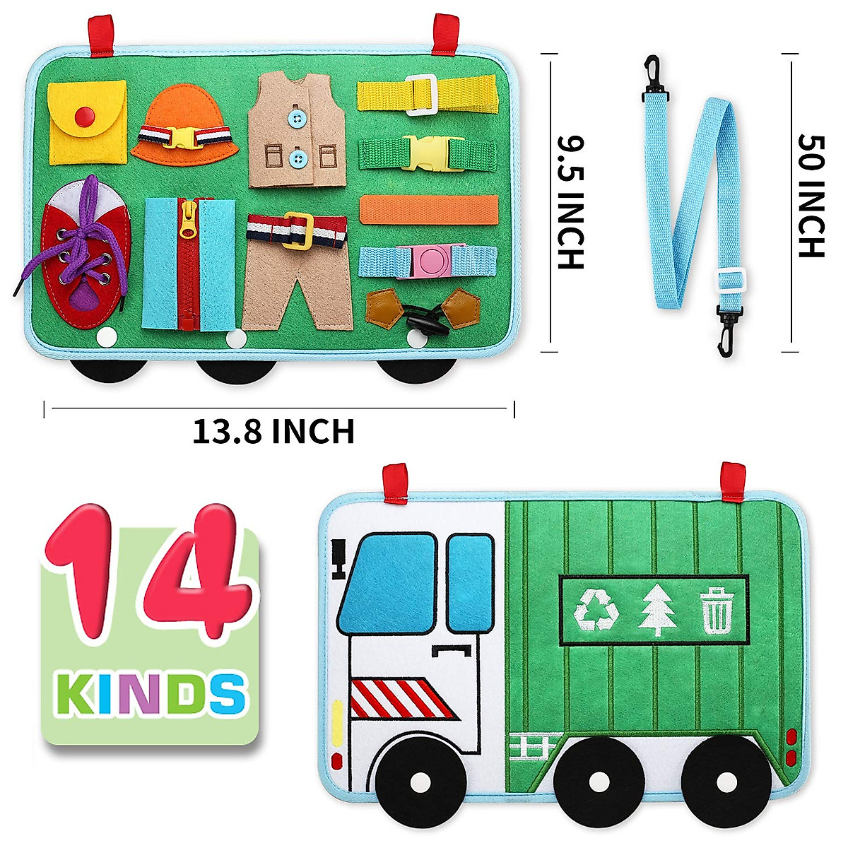 Toddler Busy Board, 14 in 1 Activity Board(Garbage Car Style), Montessori Sensory Toy for Fine Motor Skills, Learning Toy for Airplane or Car Travel, Preschool Educational Gift for Kids Boys Girls