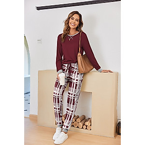 Ekouaer Women's Winter Pj's With Elastic Around The Ankle Long Sleeve Crew Neck Pajama Set With Pockets Red Plaid,Large