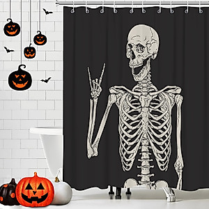 JOOCAR Rock and Roll Skull Skeleton Bone Love Music Vintage Shower Curtain Waterproof Sugar Candy Skull Day of Dead On Black Backdrop Bath Room Shower Curtain with 12 Hooks