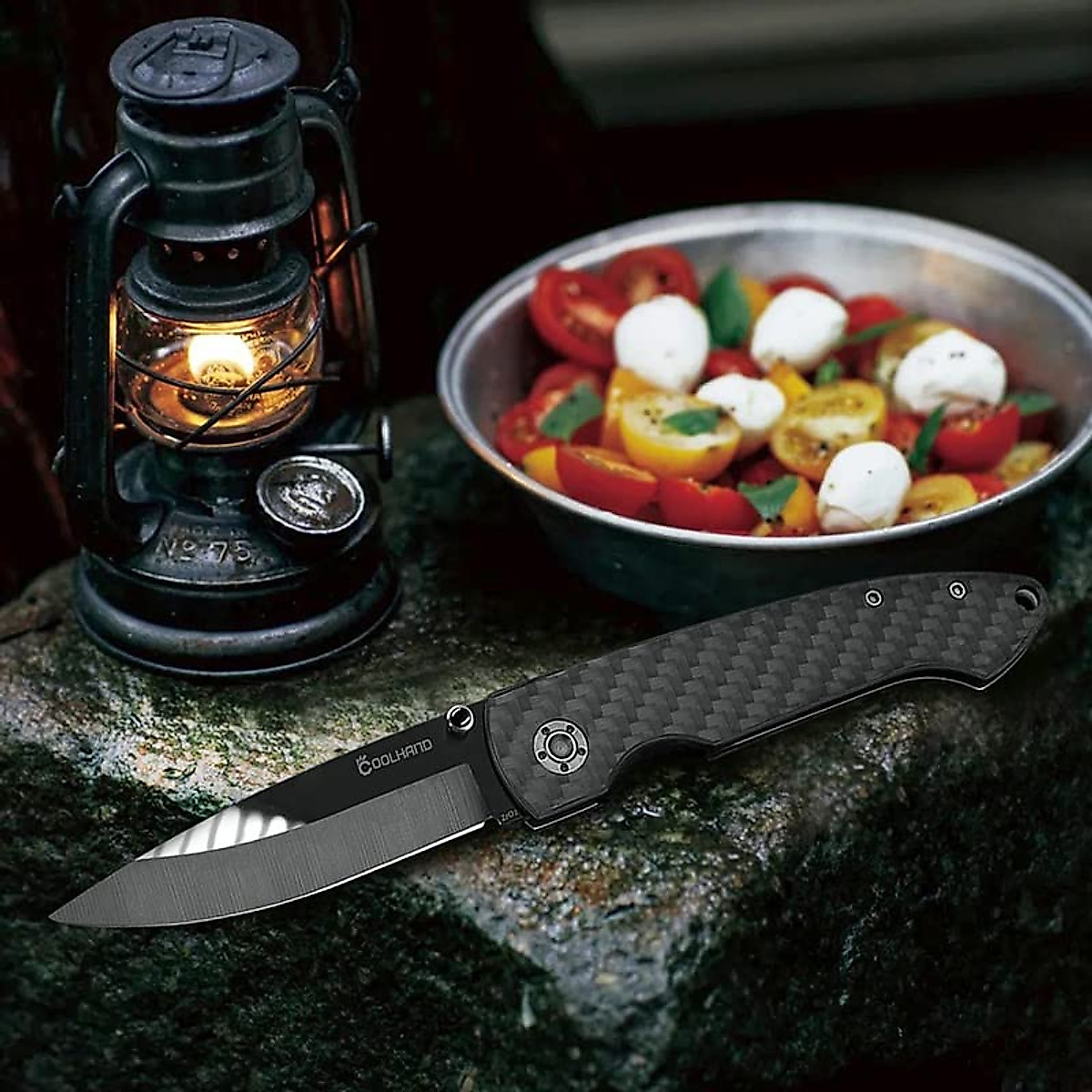 Cool Hand 4.5" Carbon Fiber Folding Knife w/ 3.25" Polished Black Zirconia Ceramic Blade, Liner Lock Mechanism, w/Pocket Clip, Gift Box Packing