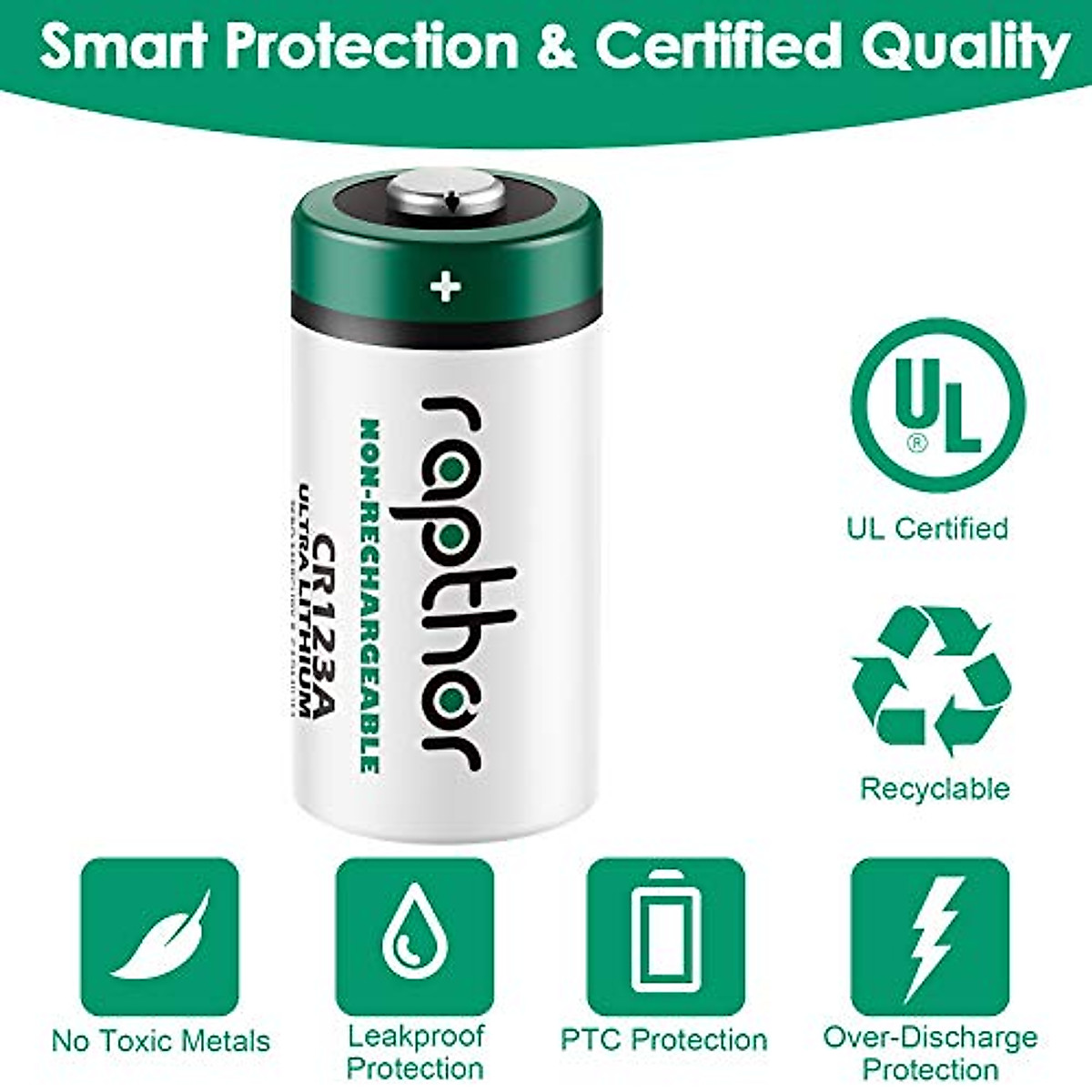 rapthor 1650mAh CR123A 3V Lithium Batteries 16 Pack CR123 High Power 123A CR17345Photo Battery PTC Protected for Cameras Flashlight Alarm Smart Sensors (Non-Rechargeable, Not for Arlo)