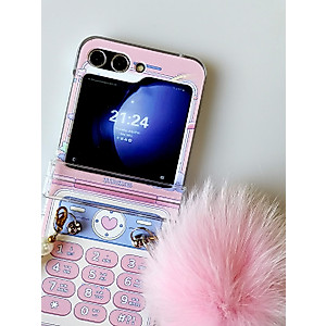 GO-VOLMON Cute Case for Galaxy Z Flip 5 for Grils, Pearl Strap Case for Z Flip 5 with Fluffy Pompon, Woman Wristband Case for Galaxy Z Flip 5 with Pink Phone Print and Furry Ball