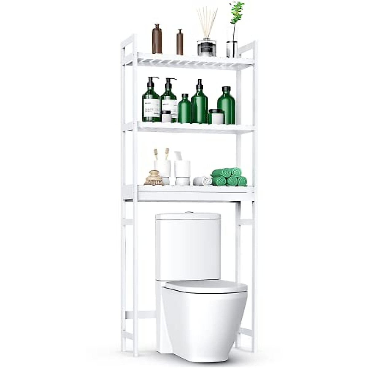 Purbambo Over The Toilet Storage, 3-Tier Bamboo Shelf Organizer Storage Rack with Toilet Paper Holder & 3 Hooks for Bathroom, Balcony, Porch, Laundry - White
