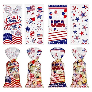 Yaroelrd 100 Pieces Patriotic Cello Bag Independence Day Cellophane Gift Bag with Gold Twist Tie for Independence Day Sports Event Party Decorations 4 Styles