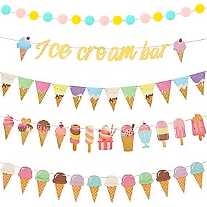 Kisston 5 Pcs Ice Cream Decorations Ice Cream Bar Banner Ice Cream Party Decorations Ice Cream Bar Supplies Garland Ice Cream Sign for Birthday Party, Baby Shower, Summer Holiday, Bachelorette Decor