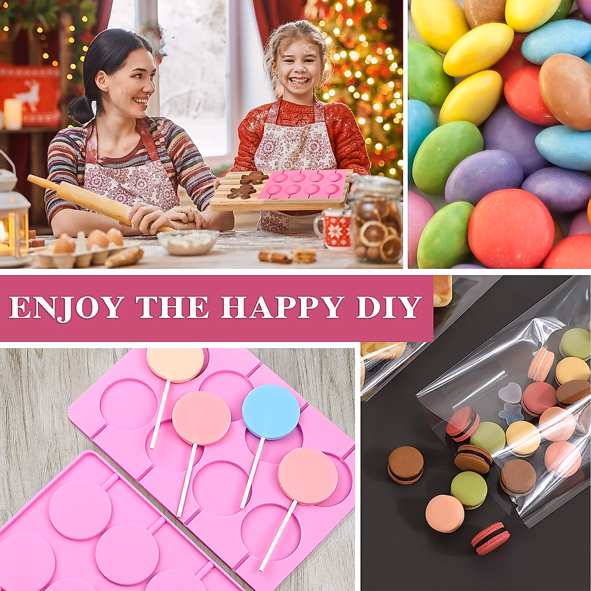 Fusang 2Pcs 8 Capacity Silicone Lollipop Molds,Hard Candy Chocolate Sucker Mold with 20pcs 3.15 inch Lollypop Sucker Sticks,100pcs Candy Treat Bags,100pcs Gold Ties