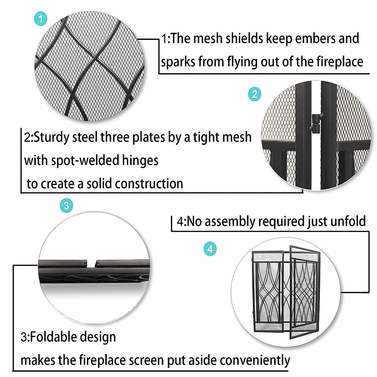 Large Metal 3-Panel Fireplace Screen Black Decorative Wrought Iron Mesh Fireplace Gate 51''(L) x 32''(H)