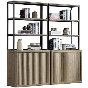 SICOTAS Book Shelf Fluted Bookshelf Tall Bookcase with Doors Storage 5 Tier Mid Century Modern Bookshelves Large Shelves Wood & Metal Book Cases for Living Room Office Bedroom Kitchen Library (2PCS)