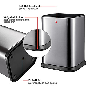 RedCall Stainless Steel Kitchen Utensil Holder for Countertop,Large Cooking Utensils Organizer for Spatula Spoon,Weighted Base Modern Rectangular Utensil Caddy Counter,Utensil Crock Silver