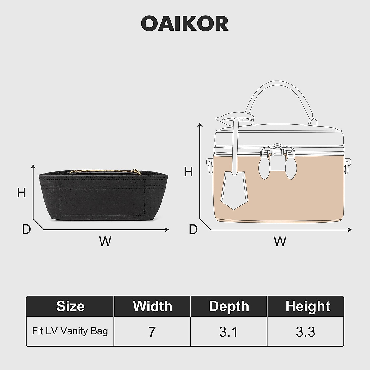 OAikor Purse Organizer Insert,Felt Bag Insert for Handbags & Tote,Divider Fit LV Vanity PM(Felt-Black)
