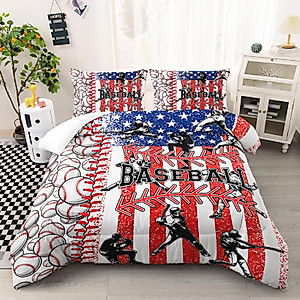 Ntlfup Baseball Comforter Set, American Flag Bedding Full Size for Adult Girls Kids, Ball Games Sports Theme Duvet Set for Room Decor