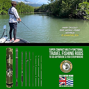 Rigged and Ready X5 Travel Fishing Rod. Super Compact, Carry Size 40cm (15.8’), Multi-Functional Travel Rod + 4 Tips + case. 1 Rod with 5 Fishing Options. 2.22m (7’ 3”) + 1.9m (6'3") Lengths.