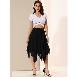 Allegra K Women's Elastic Waist Chiffon Handkerchief Hem Midi Skirt Medium Black